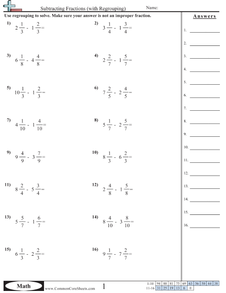 Subtracting Fractions with Regrouping Worksheet Free CommonCoreSheets
